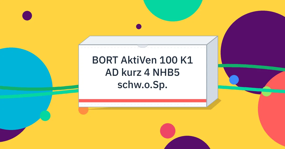 Symbolbild: Packung mit der Aufschrift BORT AktiVen 100 K1 AD kurz 4 NHB5 schw.o.Sp. (PZN 17497306) – Verfügbarkeit und Bezug in Apotheken in Frankfurt am Main
