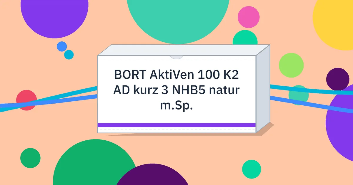 Symbolbild: Packung mit der Aufschrift BORT AktiVen 100 K2 AD kurz 3 NHB5 natur m.Sp. (PZN 17494041) – Verfügbarkeit und Bezug in Apotheken in Frankfurt am Main
