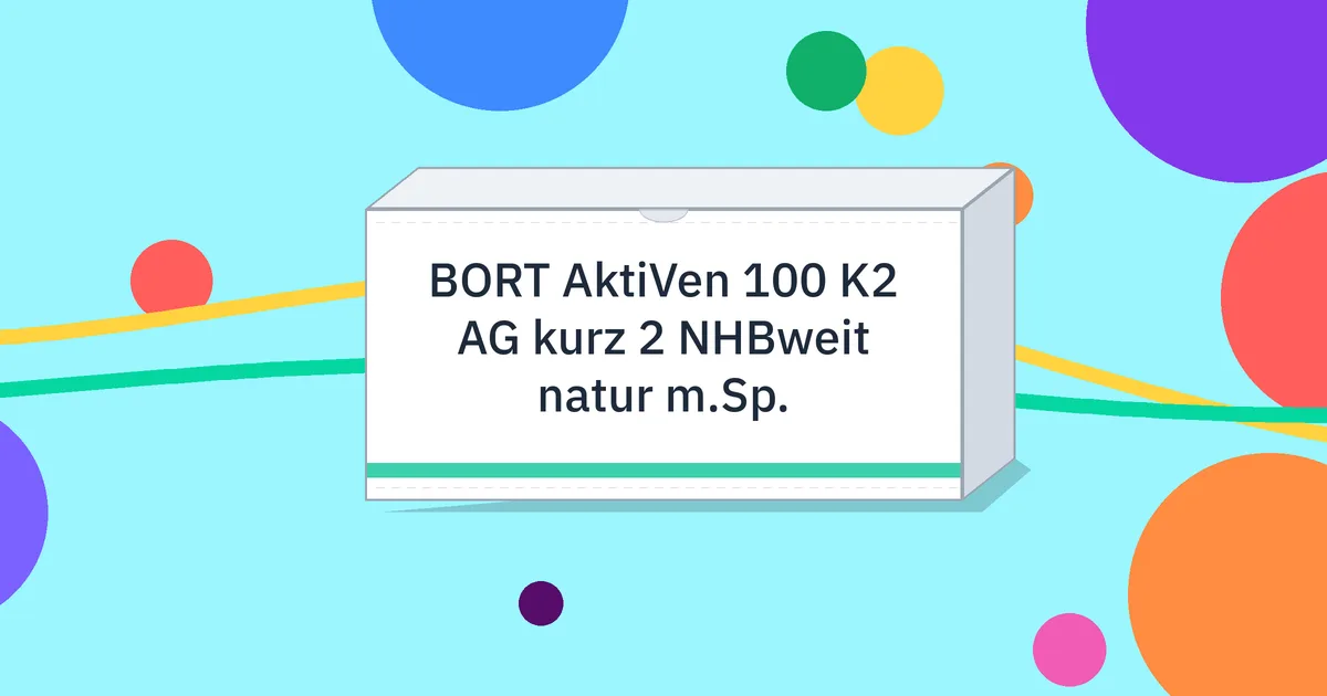 Symbolbild: Packung mit der Aufschrift BORT AktiVen 100 K2 AG kurz 2 NHBweit natur m.Sp. (PZN 13730639) – Verfügbarkeit und Bezug in Apotheken in Frankfurt am Main