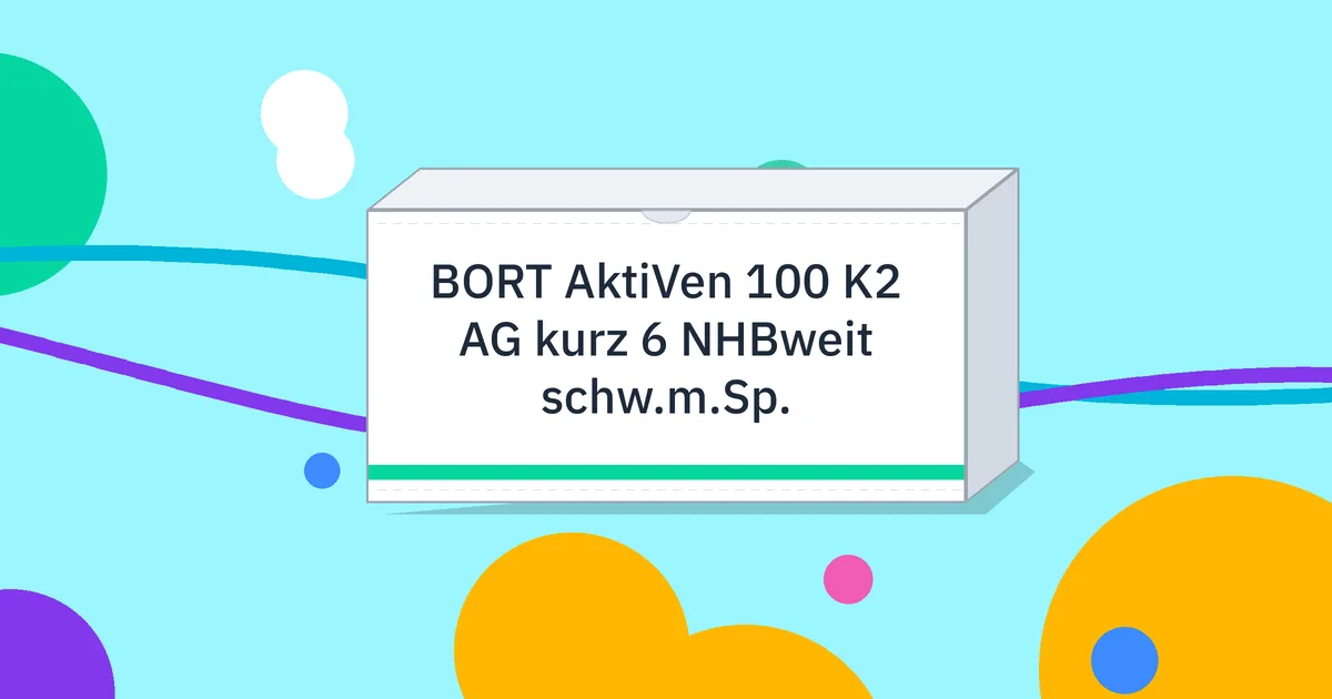 Symbolbild: Packung mit der Aufschrift BORT AktiVen 100 K2 AG kurz 6 NHBweit schw.m.Sp. (PZN 14388189) – Verfügbarkeit und Bezug in Apotheken in Frankfurt am Main