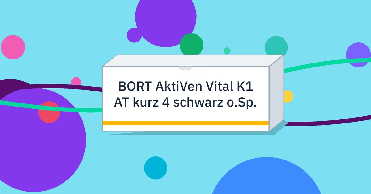 Symbolbild: Packung mit der Aufschrift BORT AktiVen Vital K1 AT kurz 4 schwarz o.Sp. (PZN 13739764) – Verfügbarkeit und Bezug in Apotheken in Frankfurt am Main