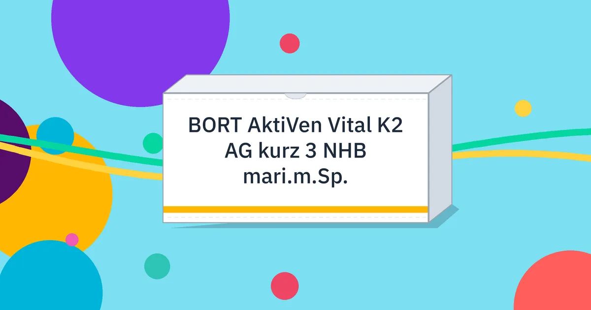 Symbolbild: Packung mit der Aufschrift BORT AktiVen Vital K2 AG kurz 3 NHB mari.m.Sp. (PZN 13733187) – Verfügbarkeit und Bezug in Apotheken in Frankfurt am Main