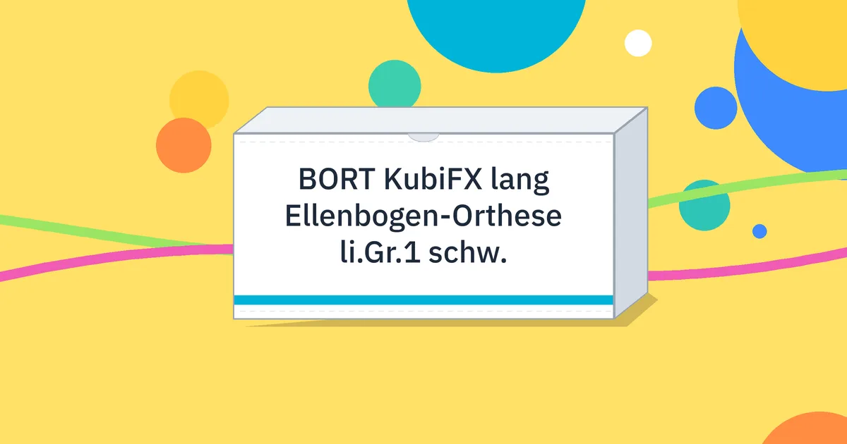 Symbolbild: Packung mit der Aufschrift BORT KubiFX lang Ellenbogen-Orthese li.Gr.1 schw. (PZN 04195704) – Verfügbarkeit und Bezug in Apotheken in Frankfurt am Main