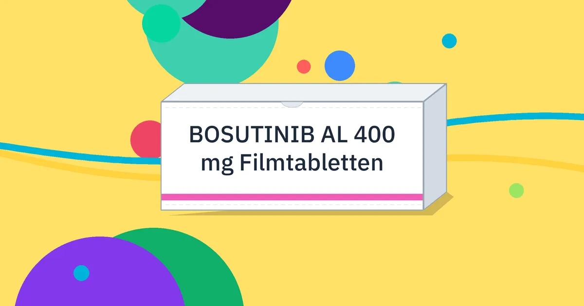 Symbolbild: Packung mit der Aufschrift BOSUTINIB AL 400 mg Filmtabletten (PZN 19199984) – Verfügbarkeit und Bezug in Apotheken in Frankfurt am Main