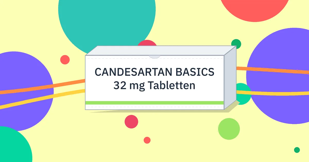 Symbolbild: Packung mit der Aufschrift CANDESARTAN BASICS 32 mg Tabletten (PZN 09482868) – Verfügbarkeit und Bezug in Apotheken in Frankfurt am Main
