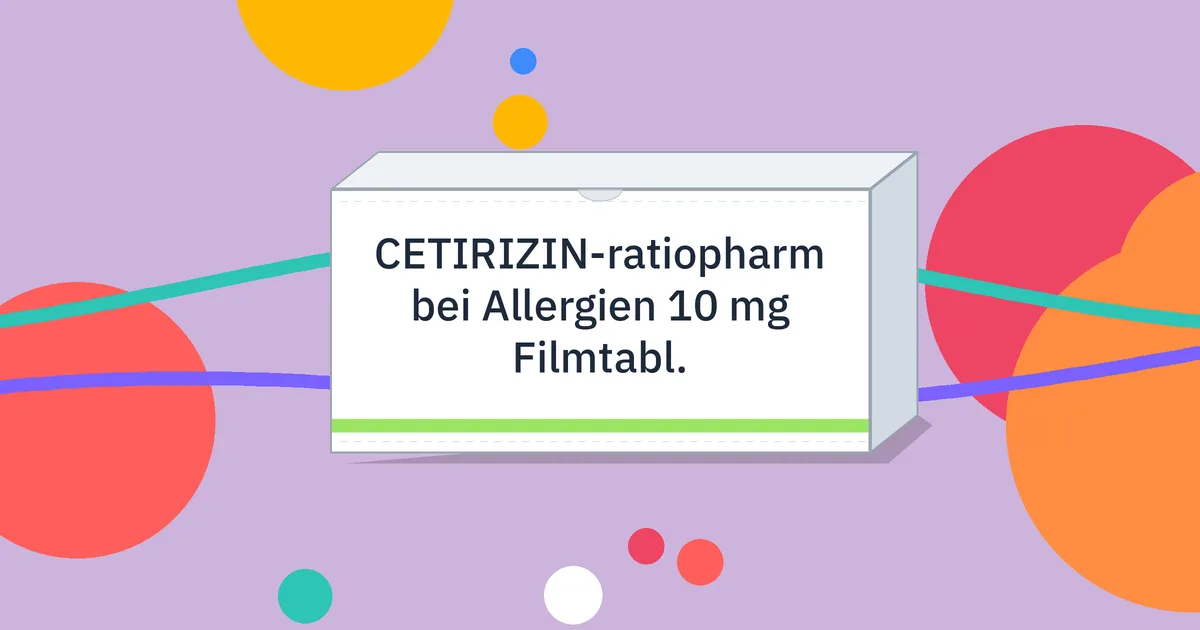 Symbolbild: Packung mit der Aufschrift CETIRIZIN-ratiopharm bei Allergien 10 mg Filmtabl. (PZN 02158136) – Verfügbarkeit und Bezug in Apotheken in Frankfurt am Main