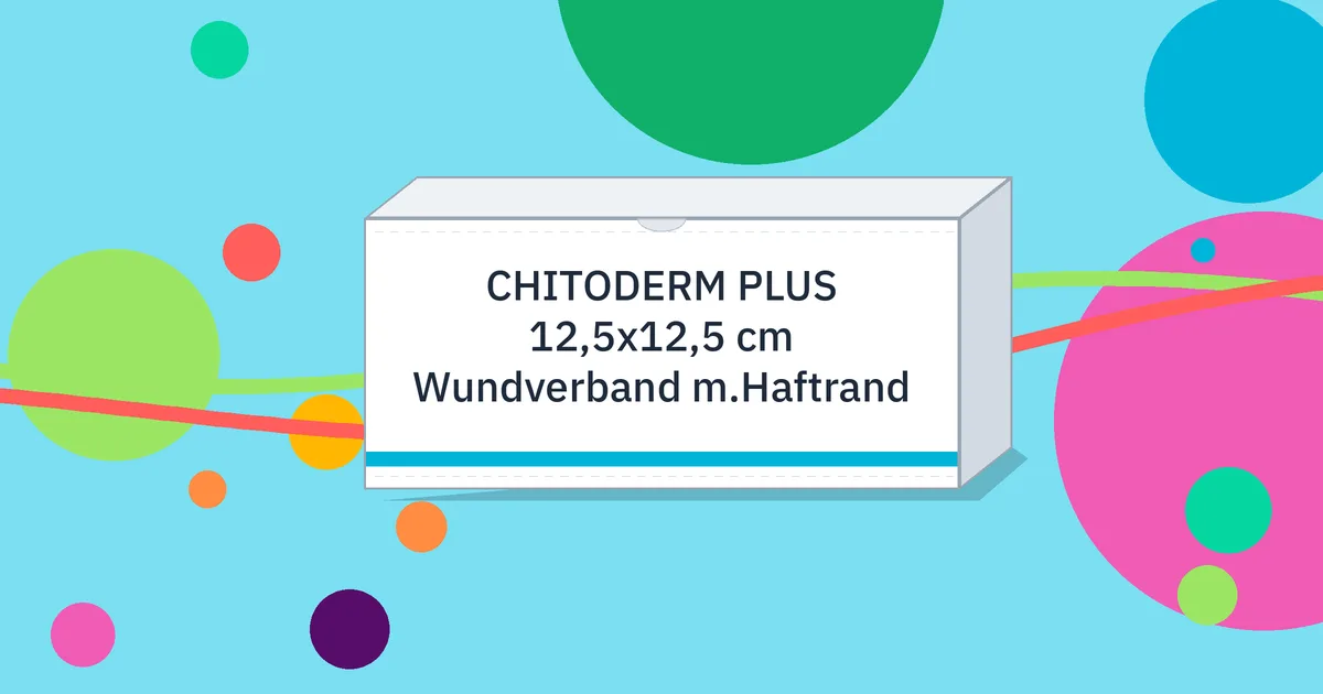 Symbolbild: Packung mit der Aufschrift CHITODERM PLUS 12,5x12,5 cm Wundverband m.Haftrand (PZN 11586641) – Verfügbarkeit und Bezug in Apotheken in Frankfurt am Main