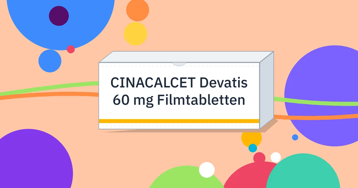 Symbolbild: Packung mit der Aufschrift CINACALCET Devatis 60 mg Filmtabletten (PZN 15572044) – Verfügbarkeit und Bezug in Apotheken in Frankfurt am Main