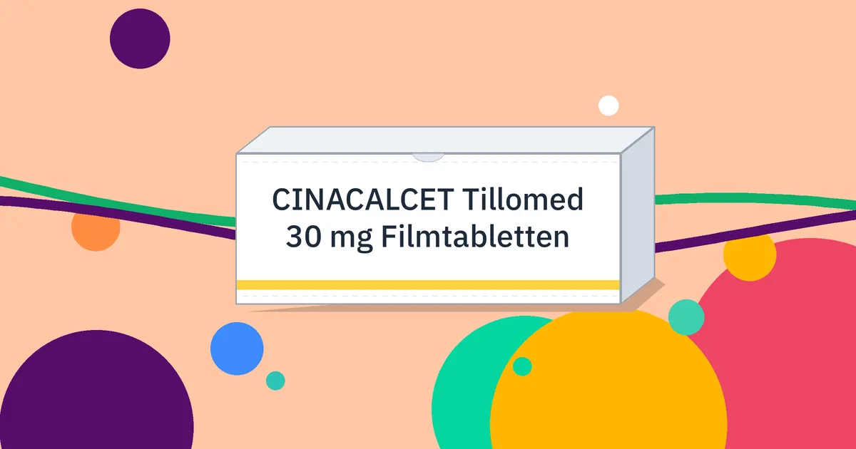 Symbolbild: Packung mit der Aufschrift CINACALCET Tillomed 30 mg Filmtabletten (PZN 20637076) – Verfügbarkeit und Bezug in Apotheken in Frankfurt am Main