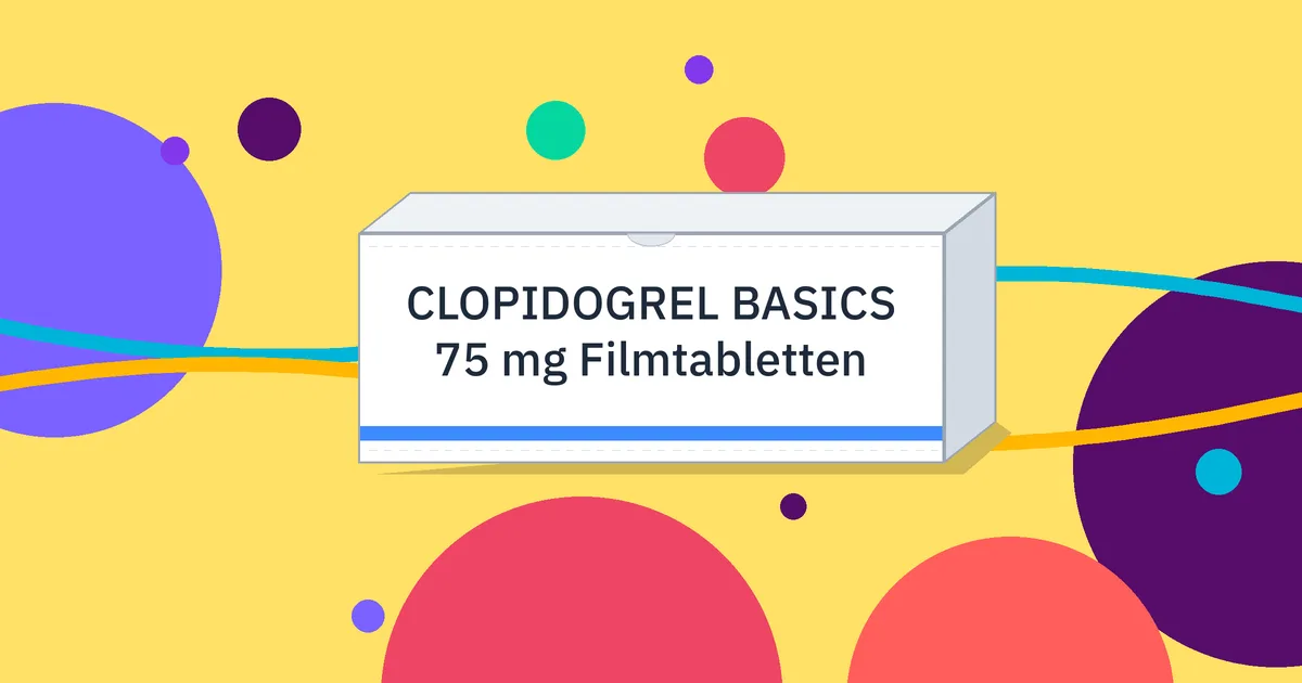 Symbolbild: Packung mit der Aufschrift CLOPIDOGREL BASICS 75 mg Filmtabletten (PZN 09942442) – Verfügbarkeit und Bezug in Apotheken in Frankfurt am Main