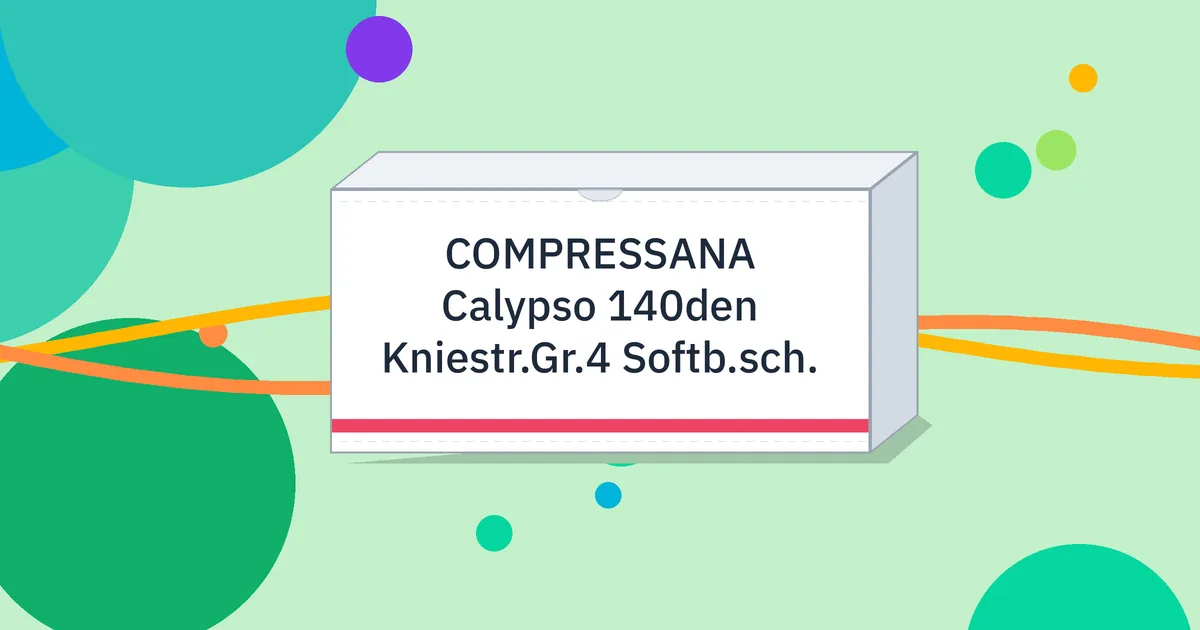Symbolbild: Packung mit der Aufschrift COMPRESSANA Calypso 140den Kniestr.Gr.4 Softb.sch. (PZN 09076536) – Verfügbarkeit und Bezug in Apotheken in Frankfurt am Main