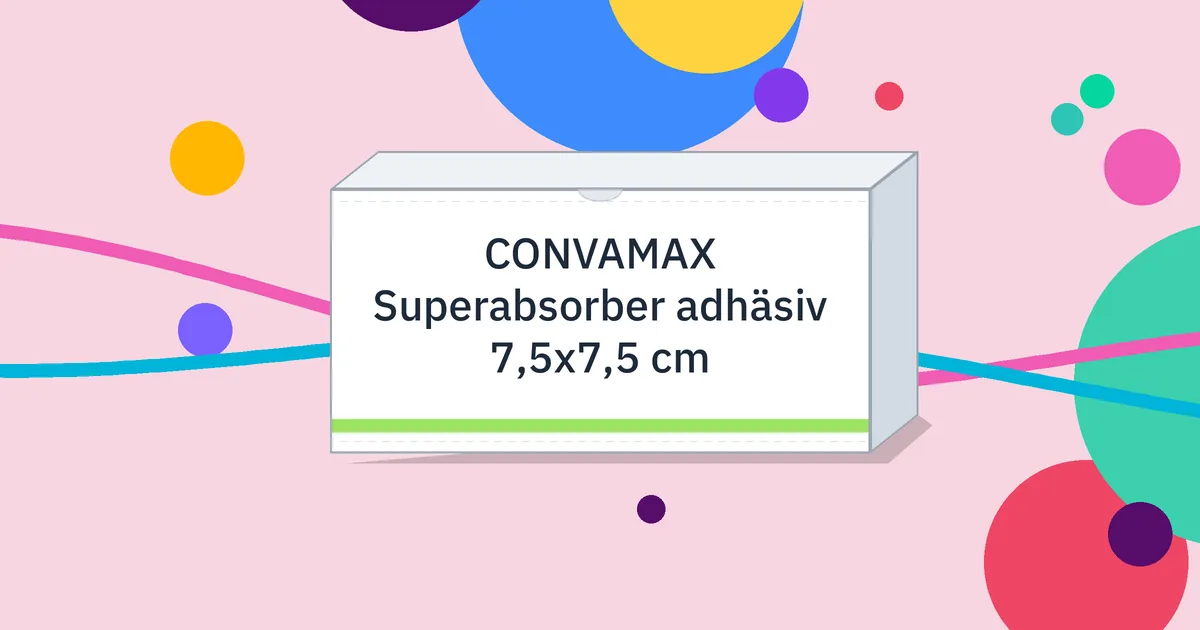 Symbolbild: Packung mit der Aufschrift CONVAMAX Superabsorber adhäsiv 7,5x7,5 cm (PZN 10412011) – Verfügbarkeit und Bezug in Apotheken in Frankfurt am Main