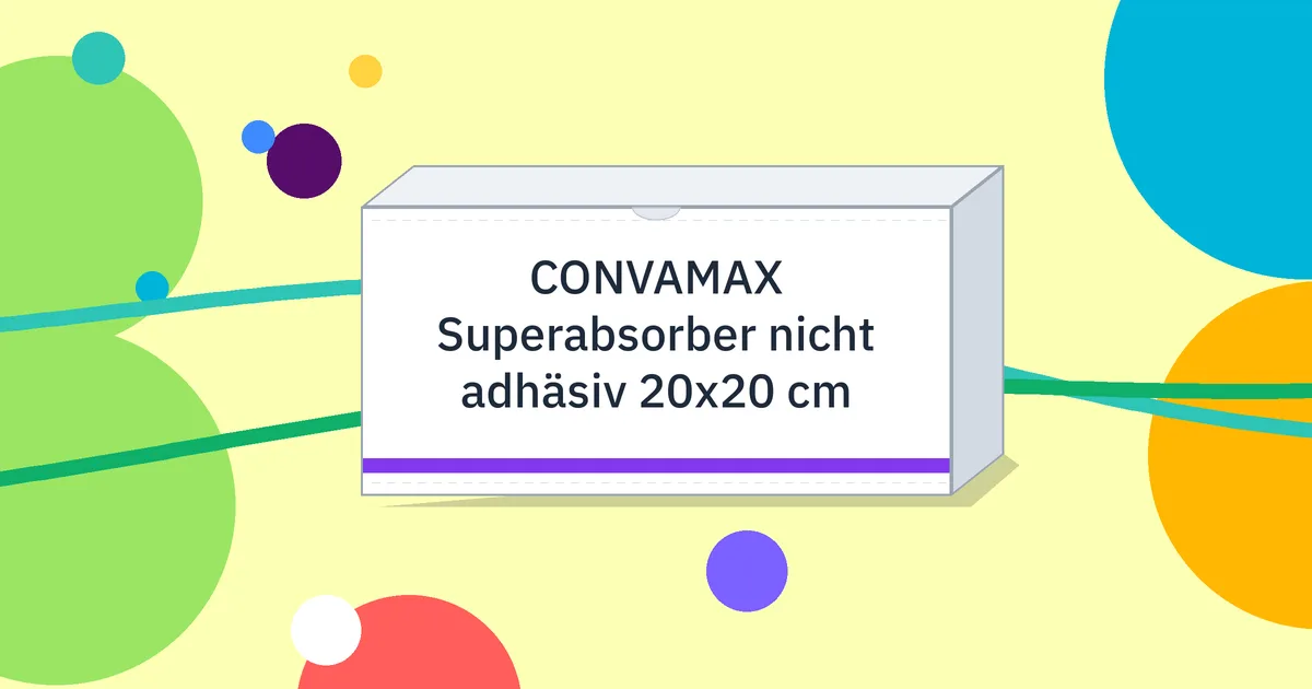 Symbolbild: Packung mit der Aufschrift CONVAMAX Superabsorber nicht adhäsiv 20x20 cm (PZN 16733911) – Verfügbarkeit und Bezug in Apotheken in Frankfurt am Main