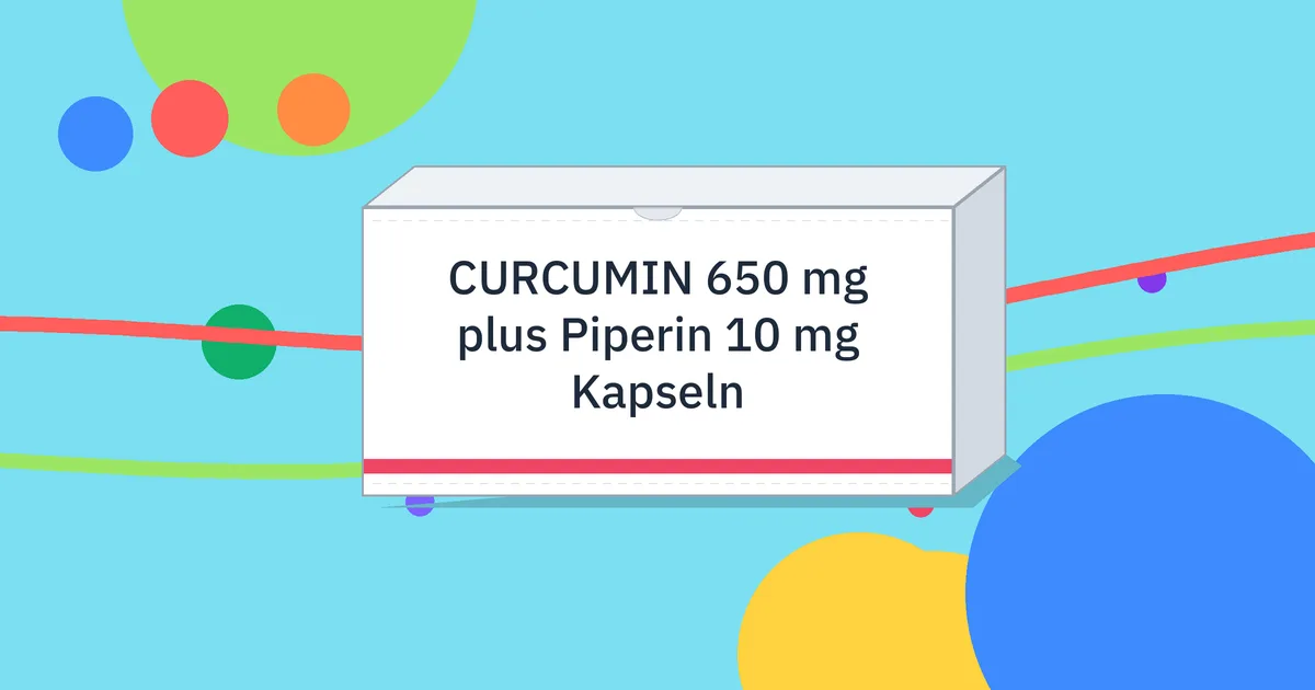 Symbolbild: Packung mit der Aufschrift CURCUMIN 650 mg plus Piperin 10 mg Kapseln (PZN 01742962) – Verfügbarkeit und Bezug in Apotheken in Frankfurt am Main