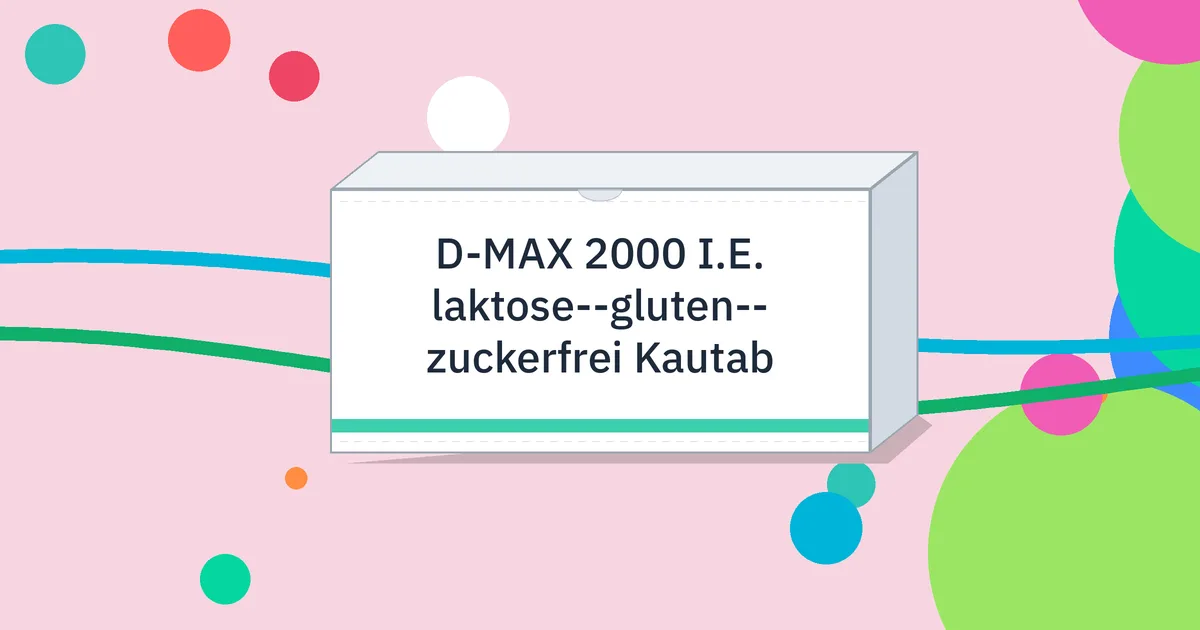 Symbolbild: Packung mit der Aufschrift D-MAX 2000 I.E. laktose--gluten--zuckerfrei Kautab (PZN 16169215) – Verfügbarkeit und Bezug in Apotheken in Frankfurt am Main