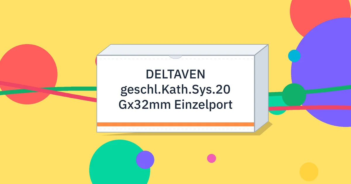 Symbolbild: Packung mit der Aufschrift DELTAVEN geschl.Kath.Sys.20 Gx32mm Einzelport (PZN 13977469) – Verfügbarkeit und Bezug in Apotheken in Frankfurt am Main