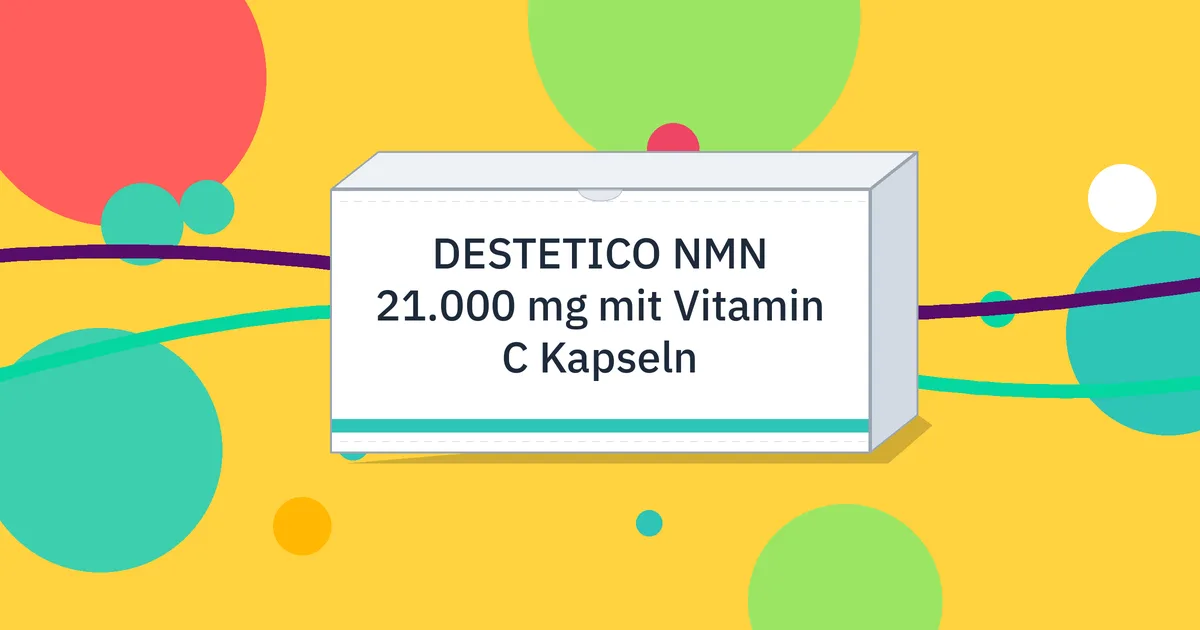 Symbolbild: Packung mit der Aufschrift DESTETICO NMN 21.000 mg mit Vitamin C Kapseln (PZN 18062384) – Verfügbarkeit und Bezug in Apotheken in Frankfurt am Main
