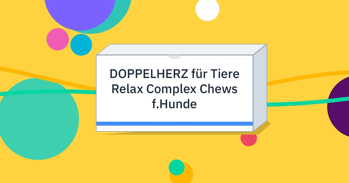 Symbolbild: Packung mit der Aufschrift DOPPELHERZ für Tiere Relax Complex Chews f.Hunde (PZN 18824931) – Verfügbarkeit und Bezug in Apotheken in Frankfurt am Main
