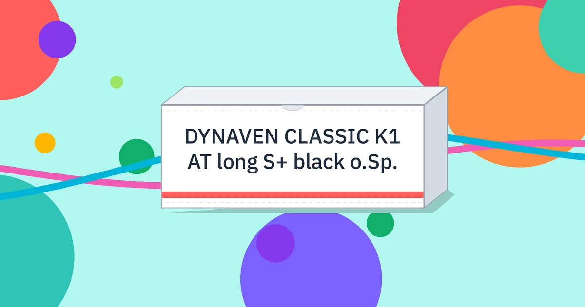 Symbolbild: Packung mit der Aufschrift DYNAVEN CLASSIC K1 AT long S+ black o.Sp. (PZN 18415983) – Verfügbarkeit und Bezug in Apotheken in Frankfurt am Main