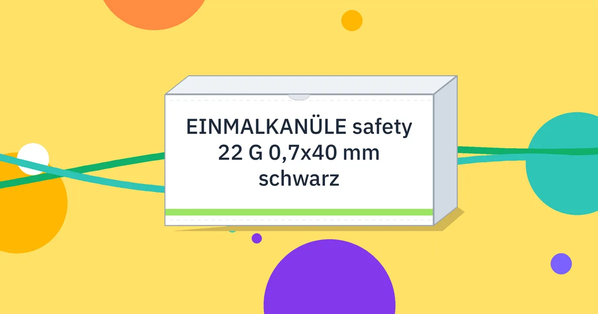 Symbolbild: Packung mit der Aufschrift EINMALKANÜLE safety 22 G 0,7x40 mm schwarz (PZN 18717626) – Verfügbarkeit und Bezug in Apotheken in Frankfurt am Main
