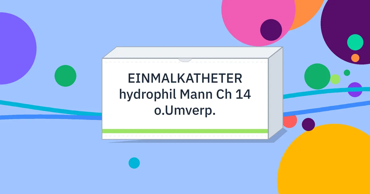 Symbolbild: Packung mit der Aufschrift EINMALKATHETER hydrophil Mann Ch 14 o.Umverp. (PZN 06873812) – Verfügbarkeit und Bezug in Apotheken in Frankfurt am Main