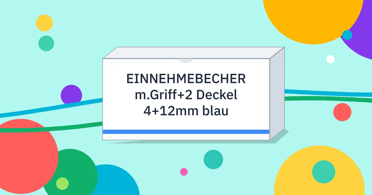 Symbolbild: Packung mit der Aufschrift EINNEHMEBECHER m.Griff+2 Deckel 4+12mm blau (PZN 01687677) – Verfügbarkeit und Bezug in Apotheken in Frankfurt am Main