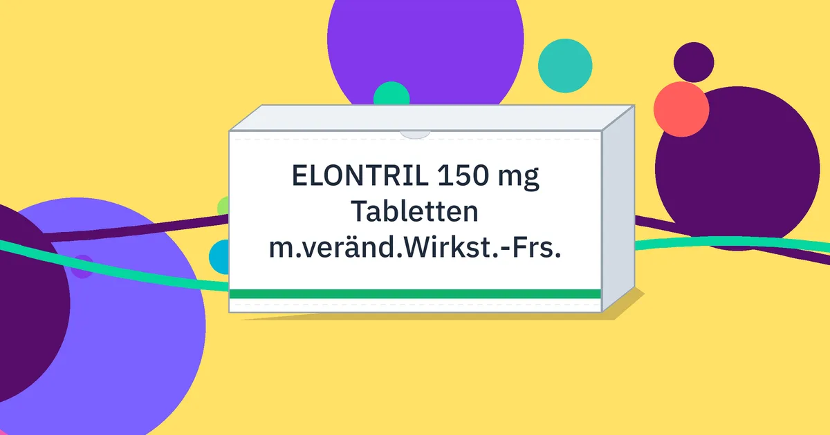 Symbolbild: Packung mit der Aufschrift ELONTRIL 150 mg Tabletten m.veränd.Wirkst.-Frs. (PZN 02084774) – Verfügbarkeit und Bezug in Apotheken in Frankfurt am Main