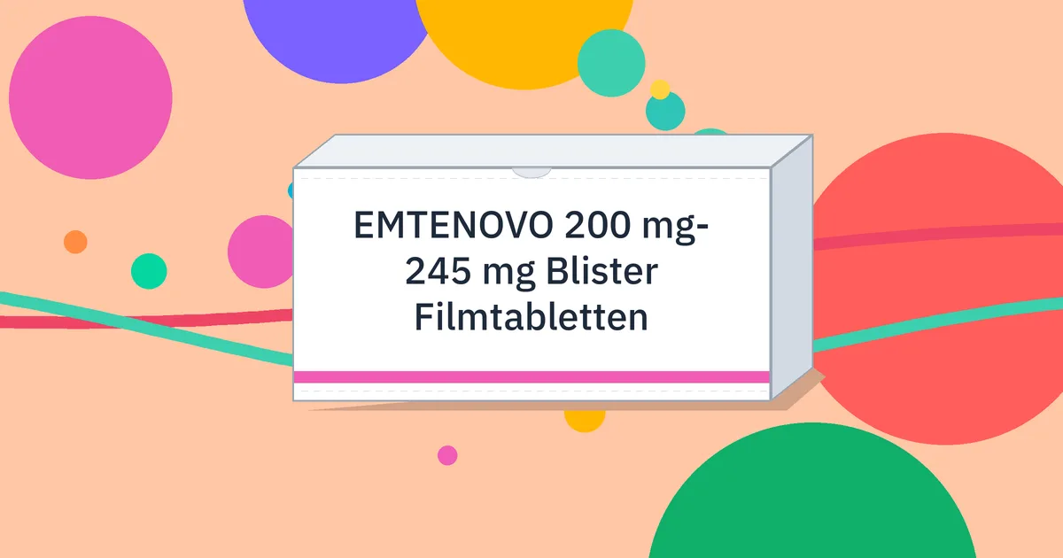 Symbolbild: Packung mit der Aufschrift EMTENOVO 200 mg-245 mg Blister Filmtabletten (PZN 13198386) – Verfügbarkeit und Bezug in Apotheken in Frankfurt am Main