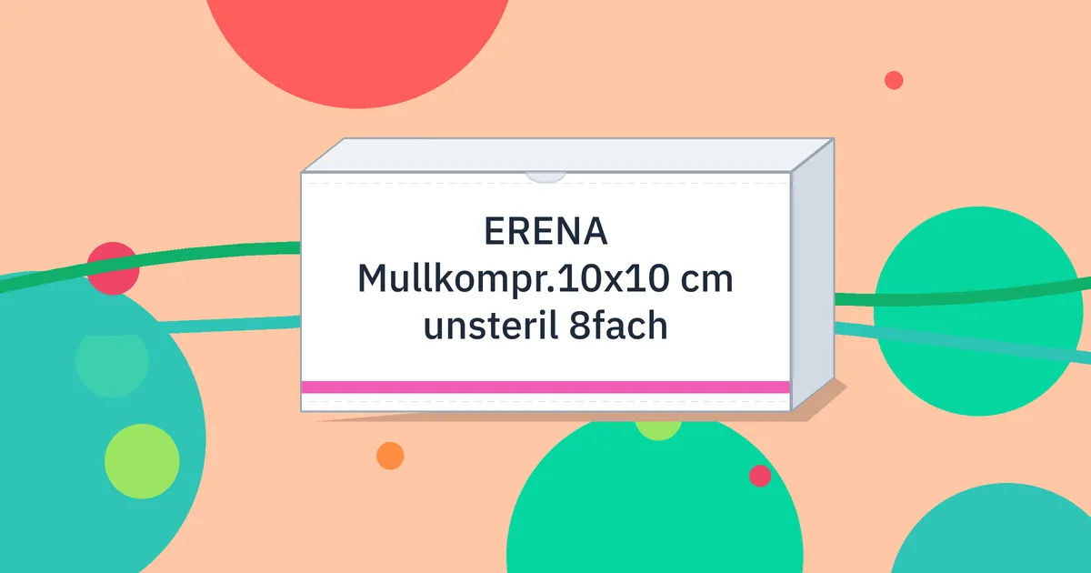 Symbolbild: Packung mit der Aufschrift ERENA Mullkompr.10x10 cm unsteril 8fach (PZN 03305415) – Verfügbarkeit und Bezug in Apotheken in Frankfurt am Main