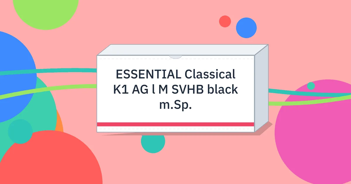 Symbolbild: Packung mit der Aufschrift ESSENTIAL Classical K1 AG l M SVHB black m.Sp. (PZN 18421096) – Verfügbarkeit und Bezug in Apotheken in Frankfurt am Main