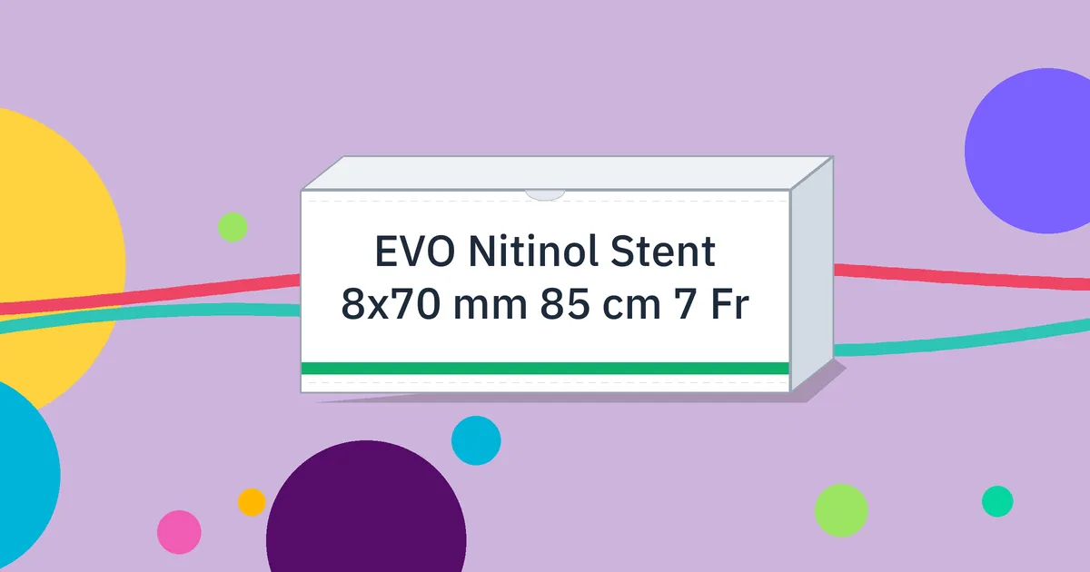 Symbolbild: Packung mit der Aufschrift EVO Nitinol Stent 8x70 mm 85 cm 7 Fr (PZN 00223697) – Verfügbarkeit und Bezug in Apotheken in Frankfurt am Main