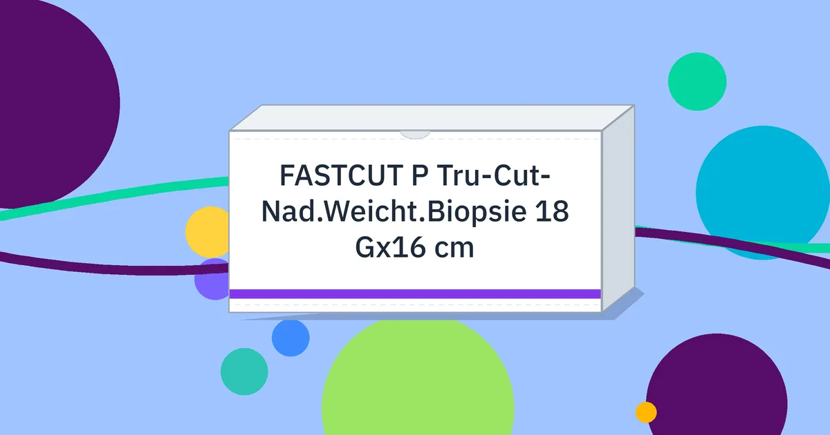Symbolbild: Packung mit der Aufschrift FASTCUT P Tru-Cut-Nad.Weicht.Biopsie 18 Gx16 cm (PZN 19734911) – Verfügbarkeit und Bezug in Apotheken in Frankfurt am Main