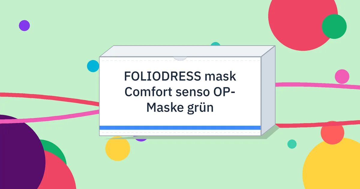 Symbolbild: Packung mit der Aufschrift FOLIODRESS mask Comfort senso OP-Maske grün (PZN 02845865) – Verfügbarkeit und Bezug in Apotheken in Frankfurt am Main