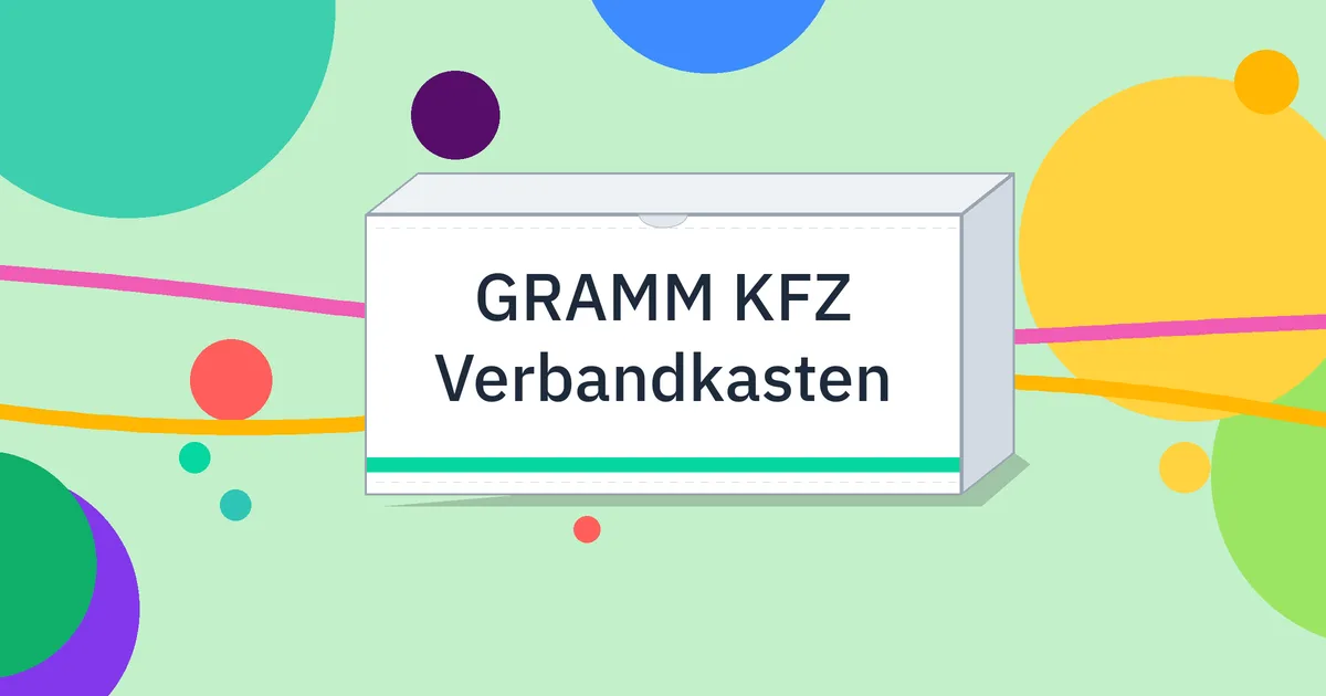 Symbolbild: Packung mit der Aufschrift GRAMM KFZ Verbandkasten (PZN 07287950) – Verfügbarkeit und Bezug in Apotheken in Frankfurt am Main