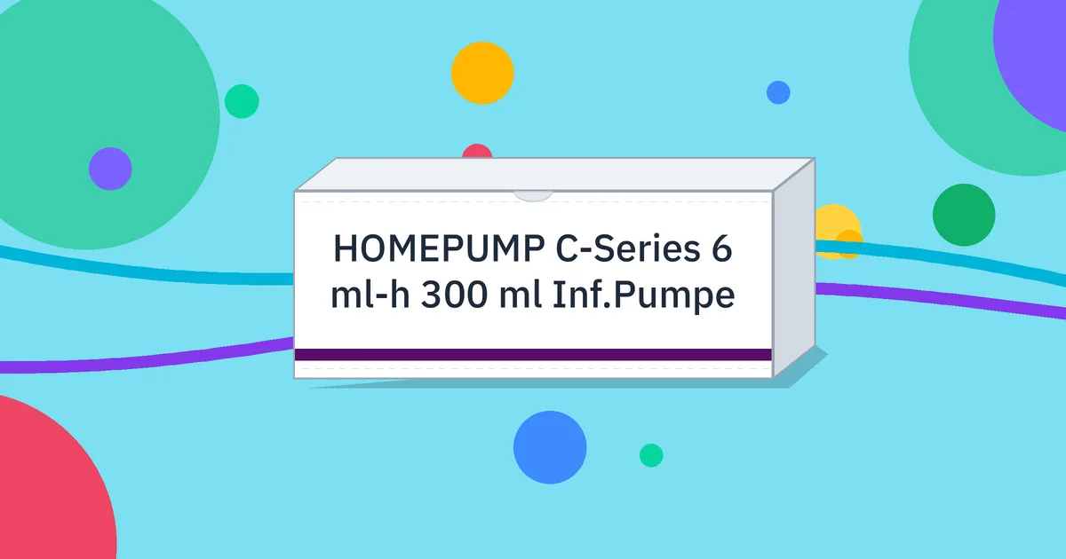 Symbolbild: Packung mit der Aufschrift HOMEPUMP C-Series 6 ml-h 300 ml Inf.Pumpe (PZN 10625882) – Verfügbarkeit und Bezug in Apotheken in Frankfurt am Main