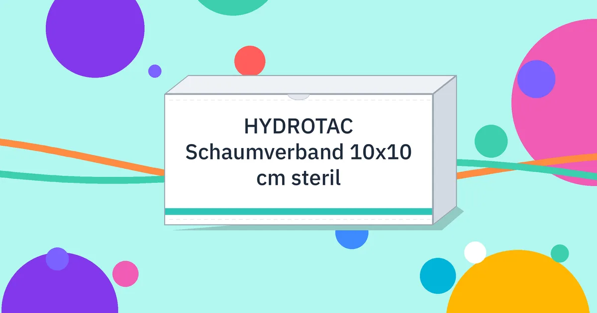Symbolbild: Packung mit der Aufschrift HYDROTAC Schaumverband 10x10 cm steril (PZN 20165660) – Verfügbarkeit und Bezug in Apotheken in Frankfurt am Main
