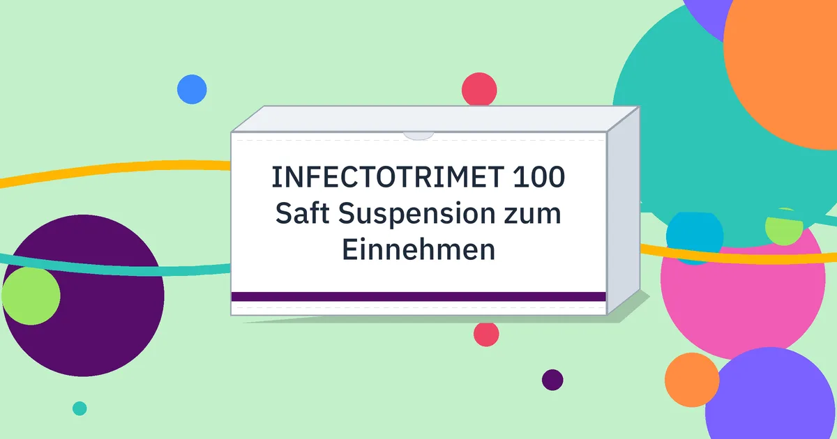 Symbolbild: Packung mit der Aufschrift INFECTOTRIMET 100 Saft Suspension zum Einnehmen (PZN 07298391) – Verfügbarkeit und Bezug in Apotheken in Frankfurt am Main