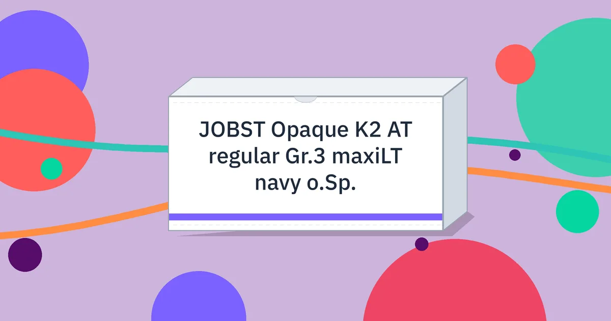 Symbolbild: Packung mit der Aufschrift JOBST Opaque K2 AT regular Gr.3 maxiLT navy o.Sp. (PZN 13122006) – Verfügbarkeit und Bezug in Apotheken in Frankfurt am Main