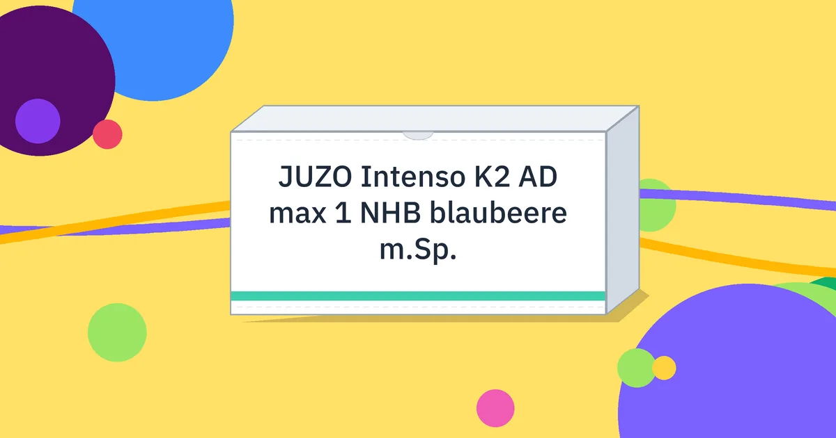 Symbolbild: Packung mit der Aufschrift JUZO Intenso K2 AD max 1 NHB blaubeere m.Sp. (PZN 18612784) – Verfügbarkeit und Bezug in Apotheken in Frankfurt am Main