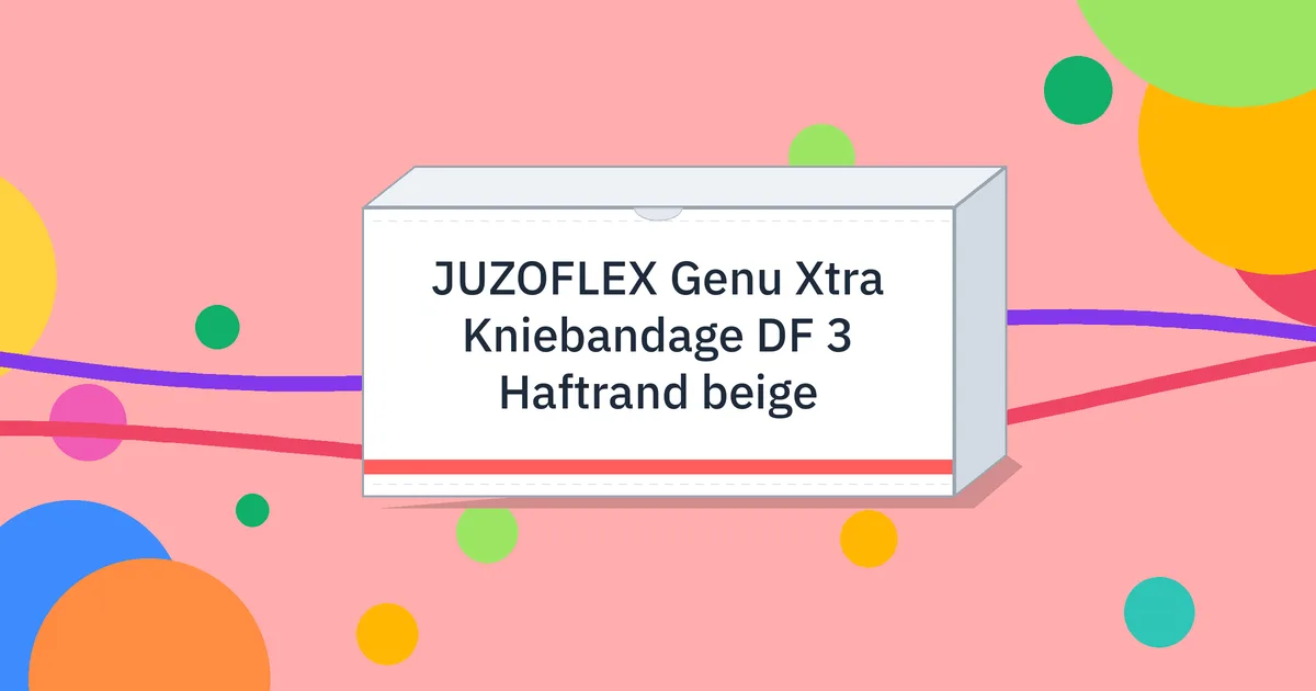 Symbolbild: Packung mit der Aufschrift JUZOFLEX Genu Xtra Kniebandage DF 3 Haftrand beige (PZN 16497362) – Verfügbarkeit und Bezug in Apotheken in Frankfurt am Main