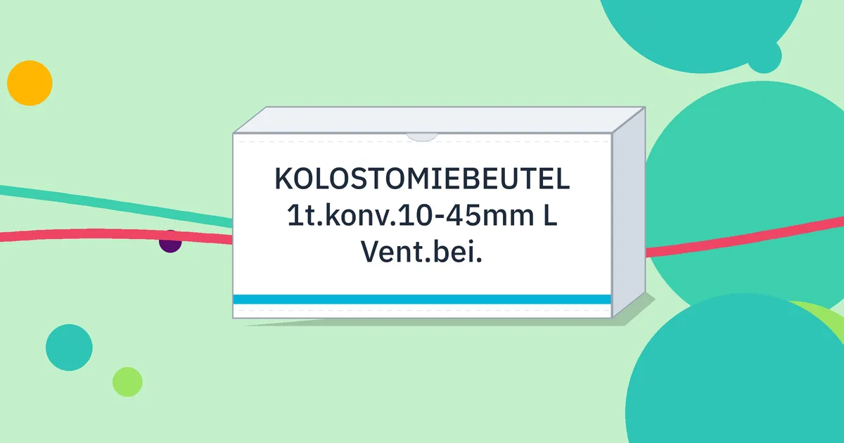 Symbolbild: Packung mit der Aufschrift KOLOSTOMIEBEUTEL 1t.konv.10-45mm L Vent.bei. (PZN 15581250) – Verfügbarkeit und Bezug in Apotheken in Frankfurt am Main