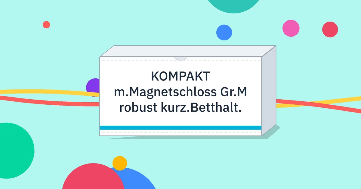 Symbolbild: Packung mit der Aufschrift KOMPAKT m.Magnetschloss Gr.M robust kurz.Betthalt. (PZN 11574253) – Verfügbarkeit und Bezug in Apotheken in Frankfurt am Main