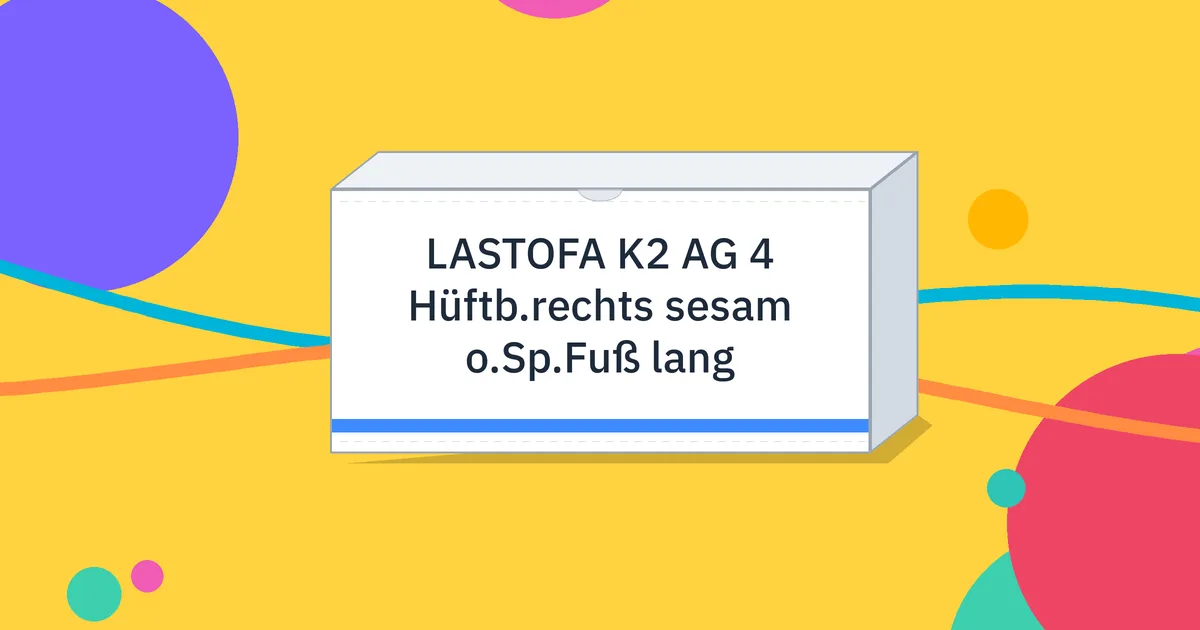 Symbolbild: Packung mit der Aufschrift LASTOFA K2 AG 4 Hüftb.rechts sesam o.Sp.Fuß lang (PZN 14152475) – Verfügbarkeit und Bezug in Apotheken in Frankfurt am Main