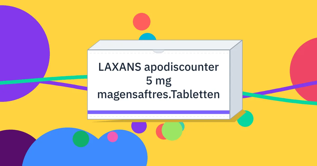 Symbolbild: Packung mit der Aufschrift LAXANS apodiscounter 5 mg magensaftres.Tabletten (PZN 19484897) – Verfügbarkeit und Bezug in Apotheken in Frankfurt am Main