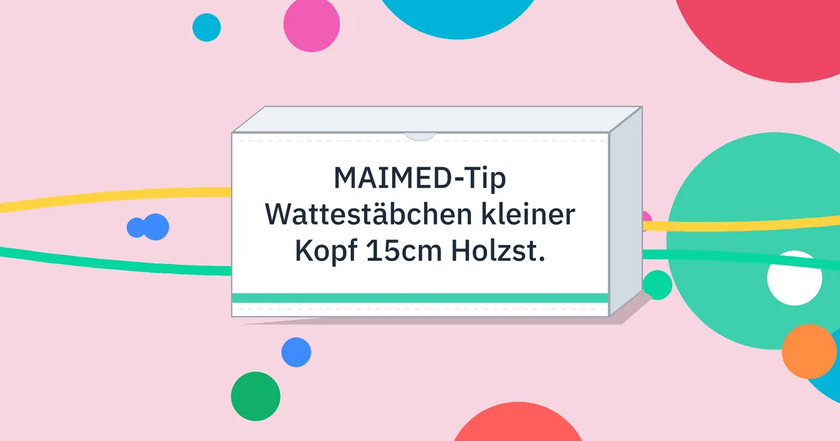 Symbolbild: Packung mit der Aufschrift MAIMED-Tip Wattestäbchen kleiner Kopf 15cm Holzst. (PZN 16141062) – Verfügbarkeit und Bezug in Apotheken in Frankfurt am Main