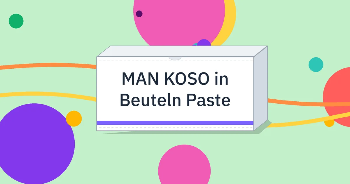 Symbolbild: Packung mit der Aufschrift MAN KOSO in Beuteln Paste (PZN 07288932) – Verfügbarkeit und Bezug in Apotheken in Frankfurt am Main