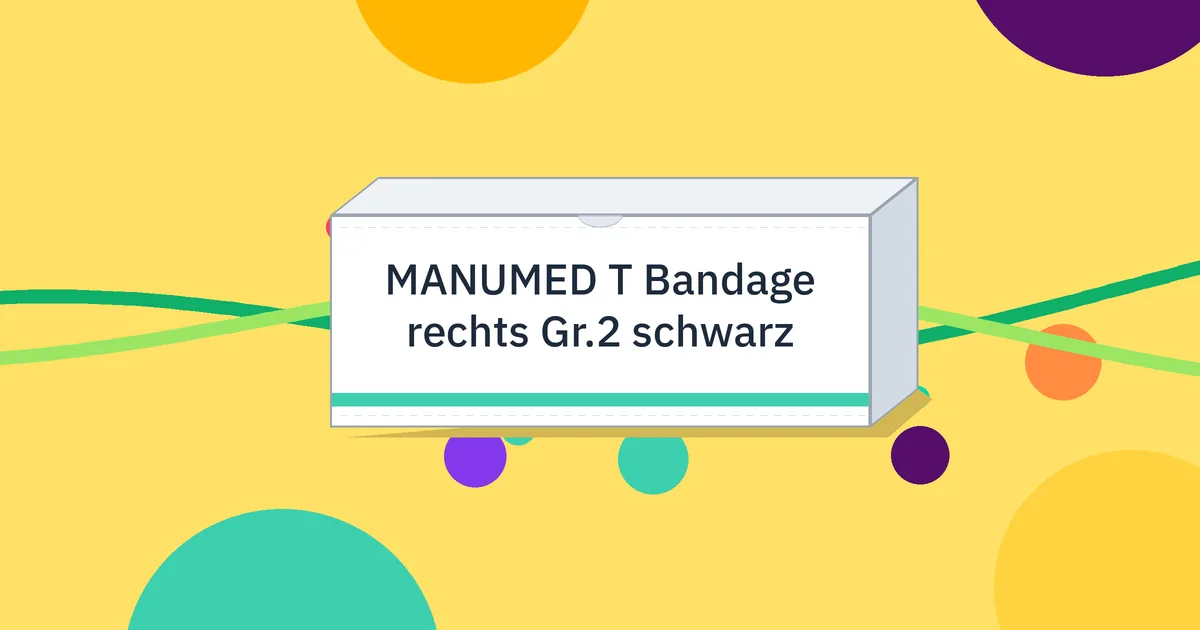 Symbolbild: Packung mit der Aufschrift MANUMED T Bandage rechts Gr.2 schwarz (PZN 08469400) – Verfügbarkeit und Bezug in Apotheken in Frankfurt am Main