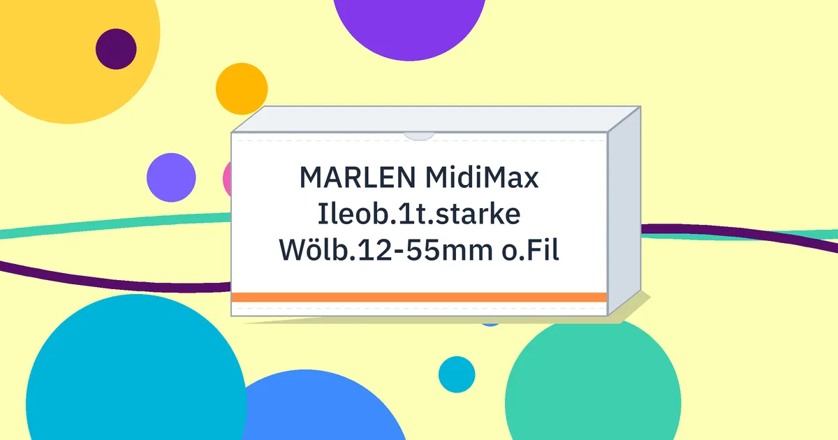 Symbolbild: Packung mit der Aufschrift MARLEN MidiMax Ileob.1t.starke Wölb.12-55mm o.Fil (PZN 16658581) – Verfügbarkeit und Bezug in Apotheken in Frankfurt am Main