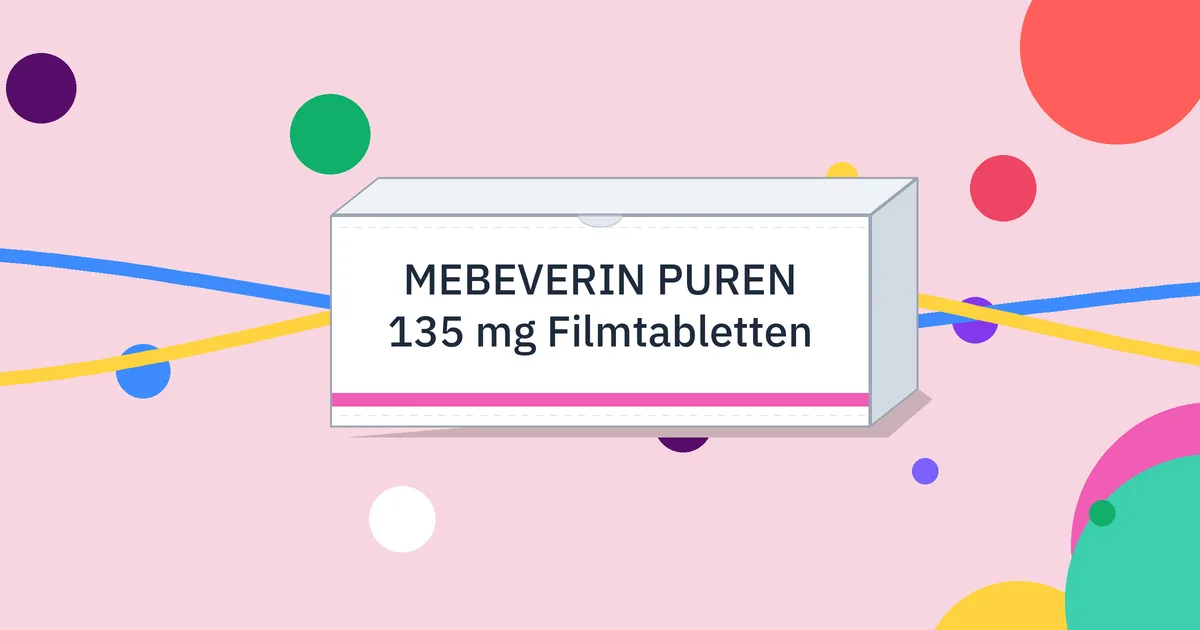 Symbolbild: Packung mit der Aufschrift MEBEVERIN PUREN 135 mg Filmtabletten (PZN 11509758) – Verfügbarkeit und Bezug in Apotheken in Frankfurt am Main