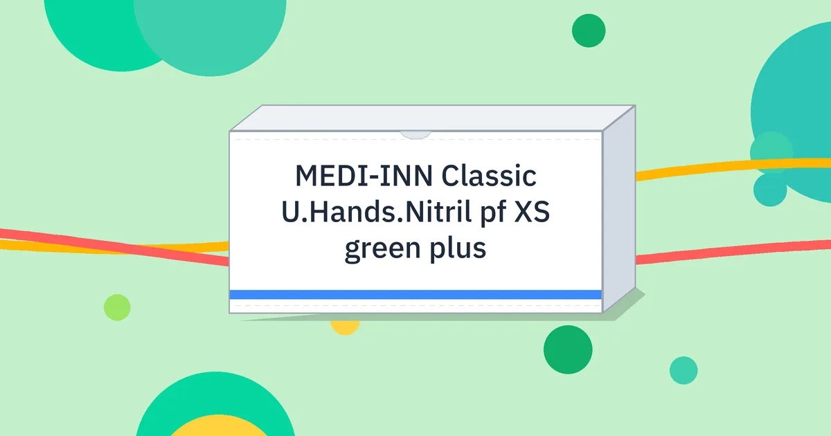 Symbolbild: Packung mit der Aufschrift MEDI-INN Classic U.Hands.Nitril pf XS green plus (PZN 18445300) – Verfügbarkeit und Bezug in Apotheken in Frankfurt am Main